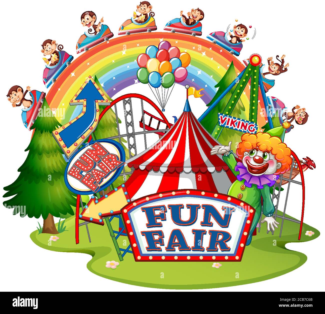 Scene with monkeys at fun fair on white background illustration Stock ...