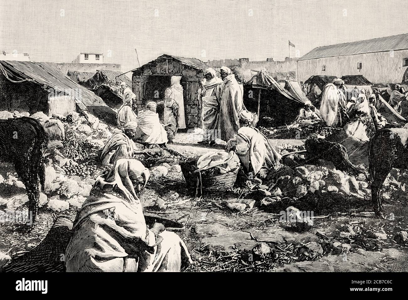 Daily life in the souk of Mazagan, Morocco, Africa. Old XIX century ...