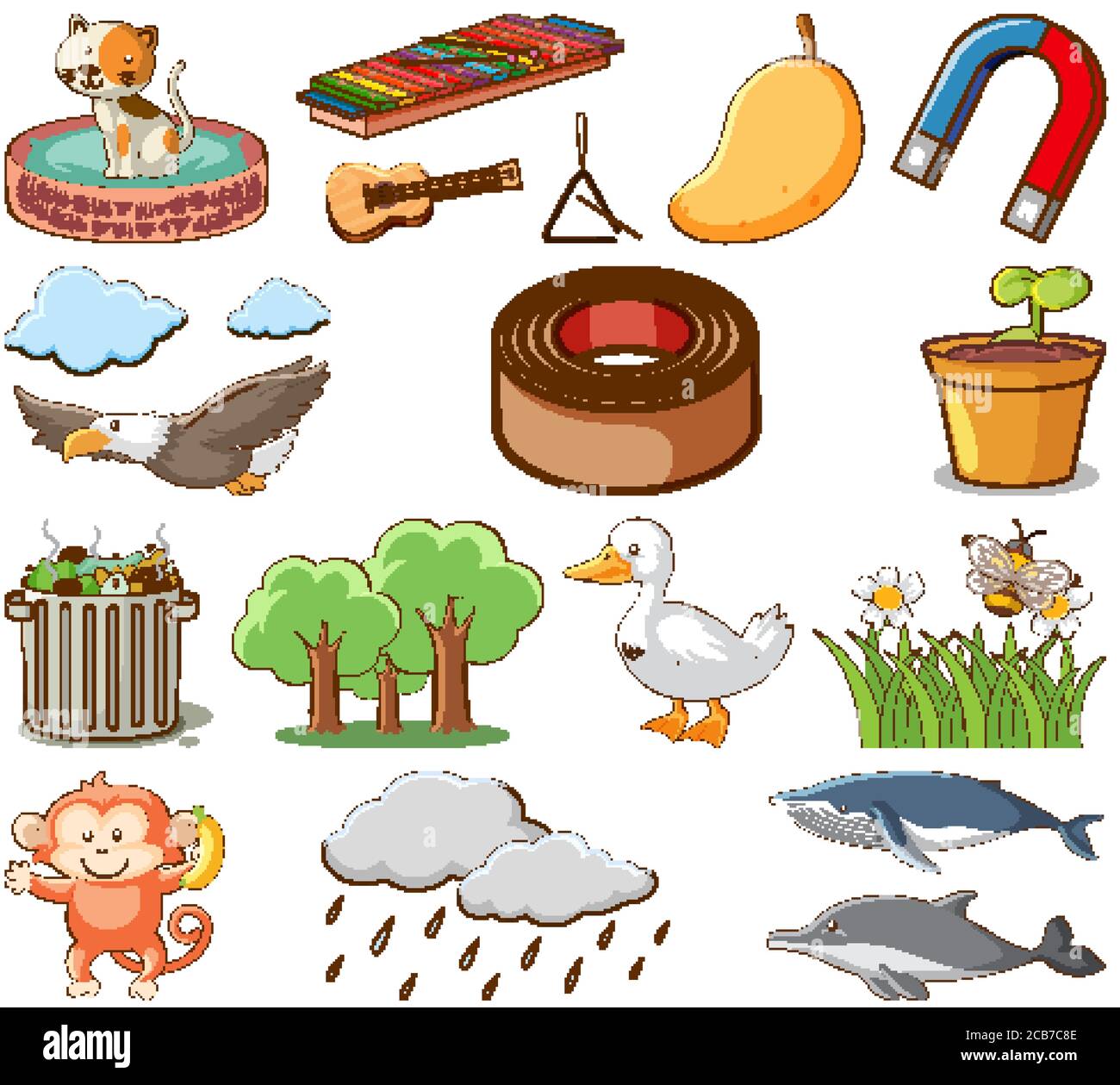 Large set of different animals and other objects on white background ...