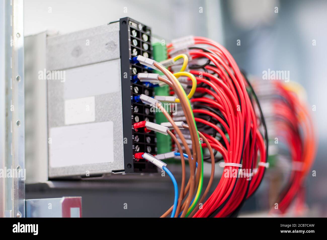 Close up electrical installations and wires on relay protection system ...