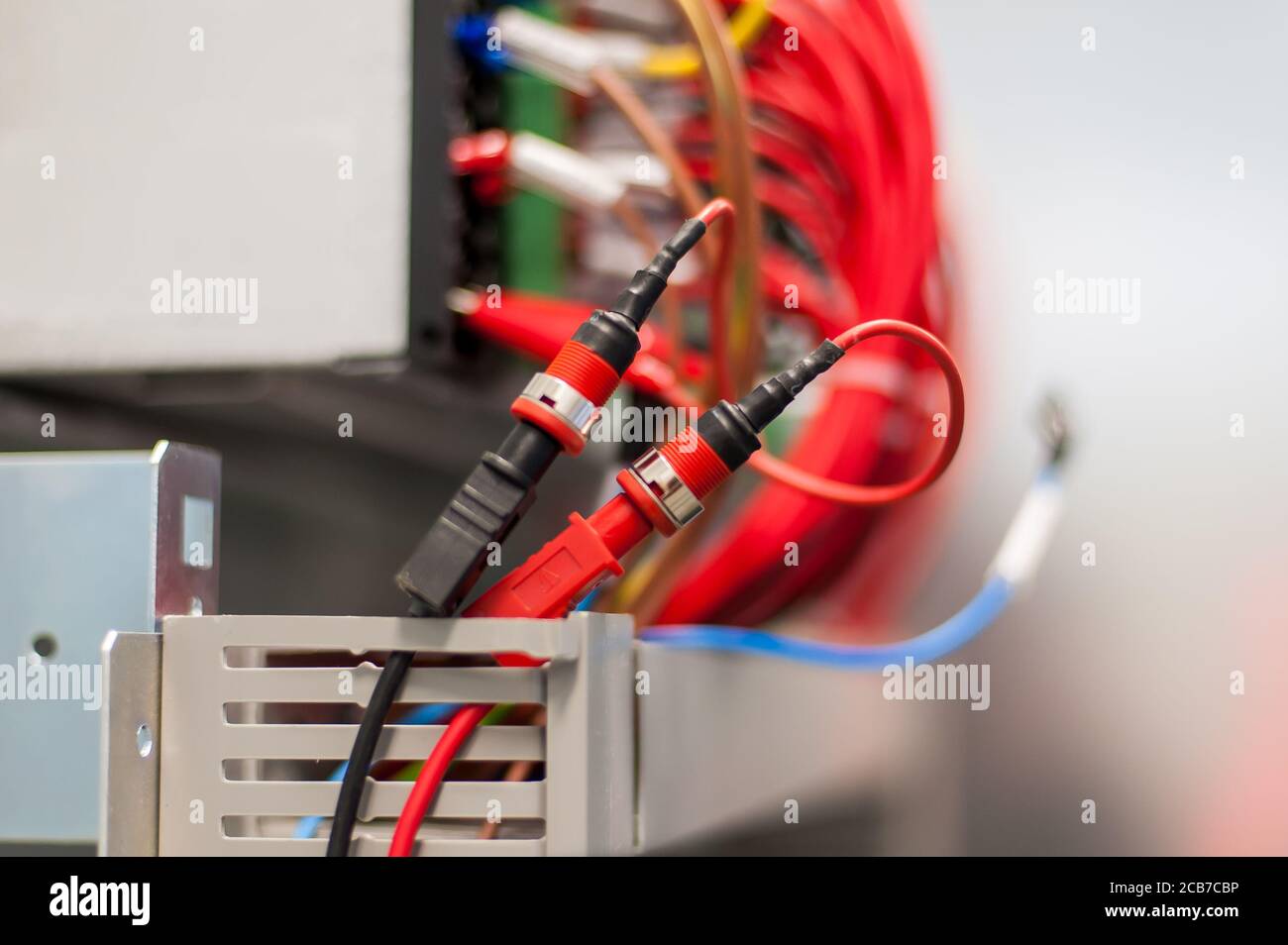 Close up electrical installations and wires on relay protection system ...