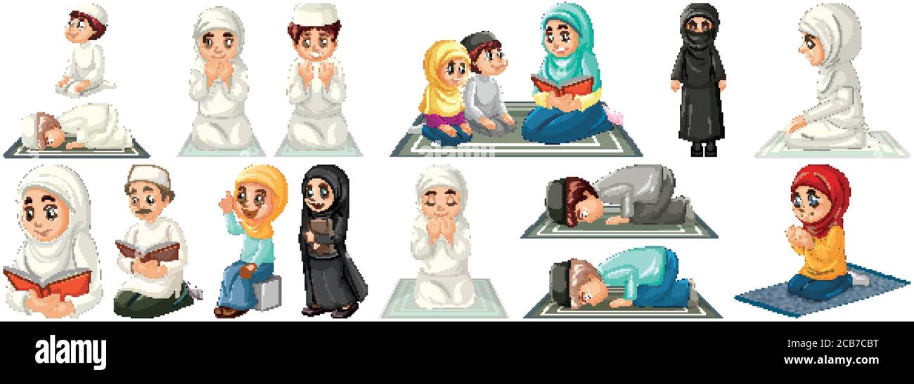 Set of different muslim people cartoon character isolated on white ...
