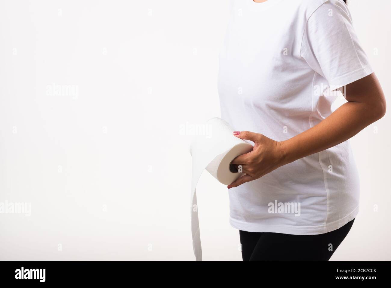 Closeup Asian young woman diarrhea constipation holding stomachache and ...