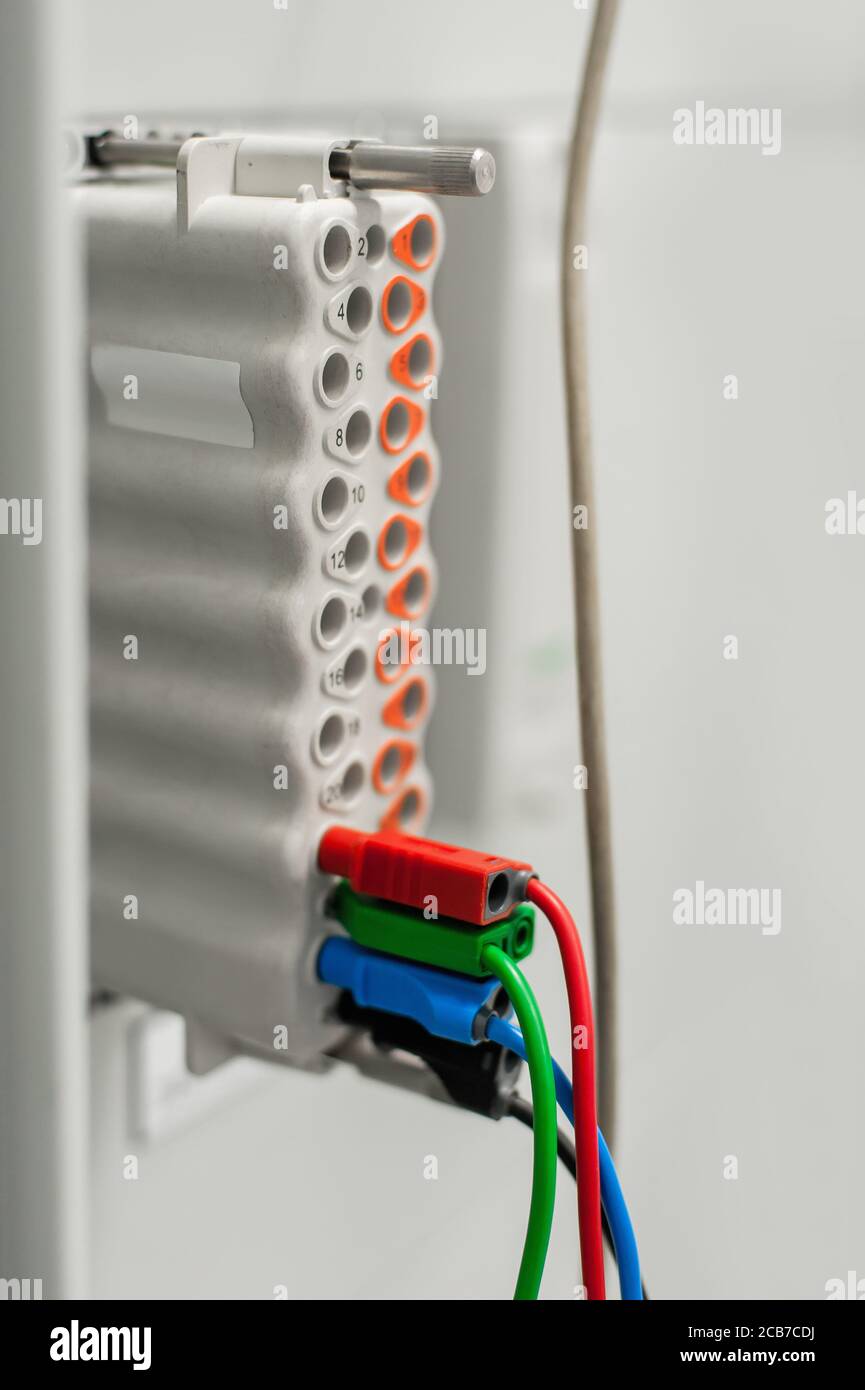 Close up electrical installations and wires on relay protection system ...