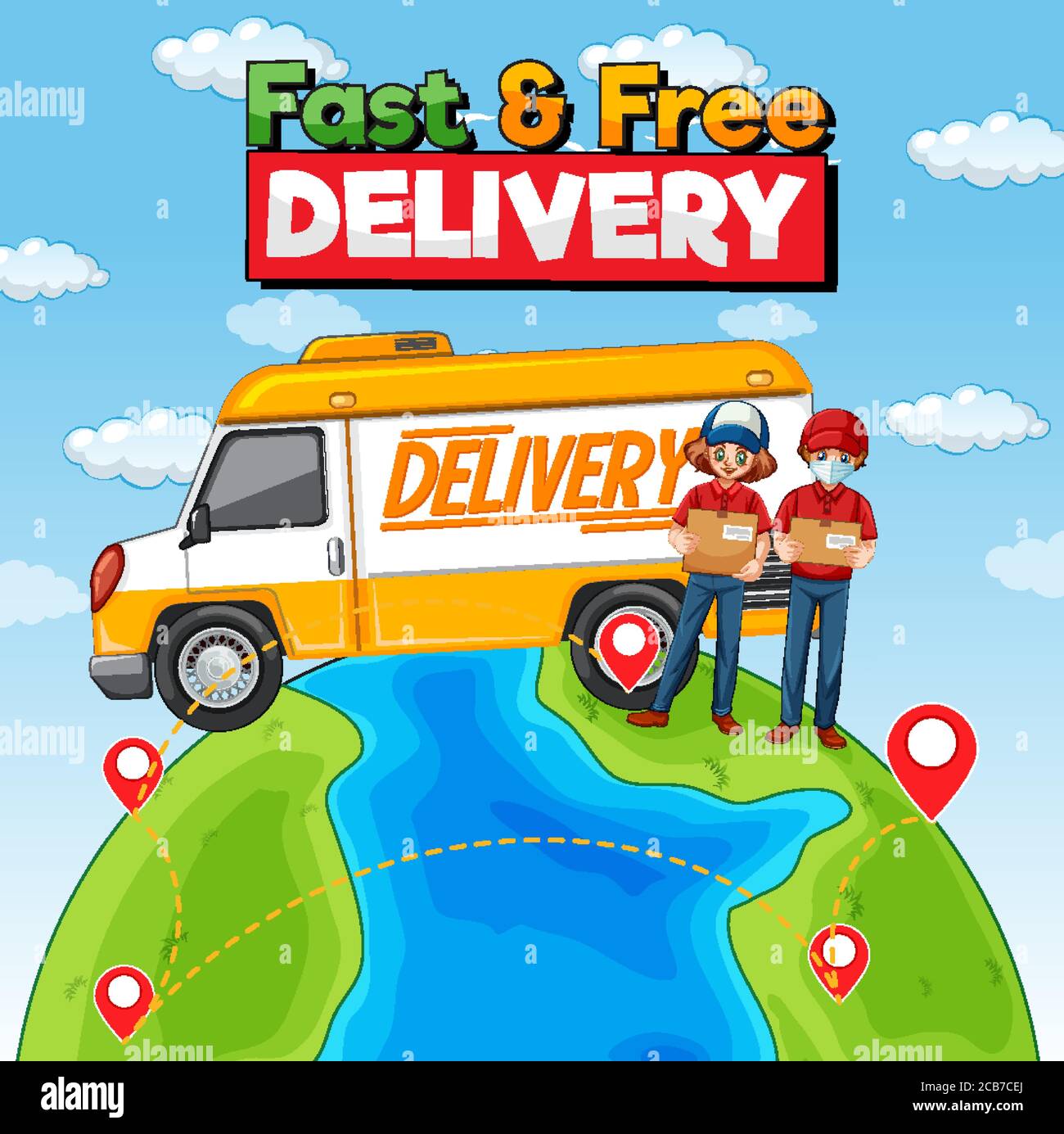 Fast and free delivery logo with delivery truck on the earth ...