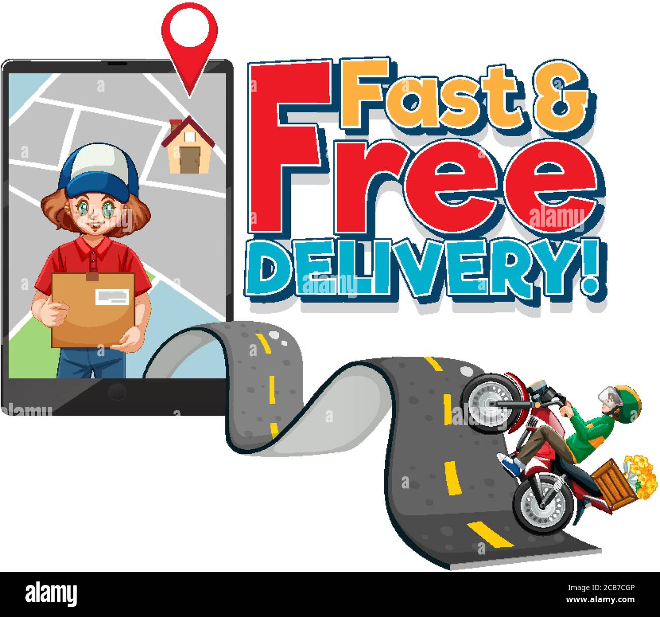 Fast and free delivery logo with bikeman and courier illustration Stock ...