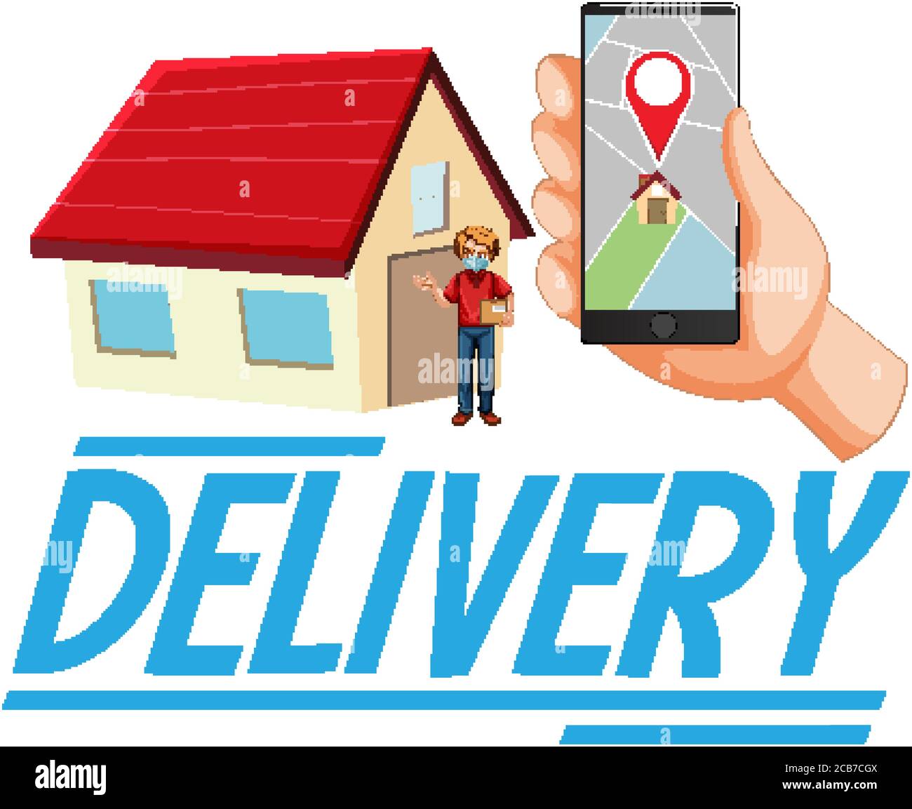 Delivery logo with delivery man and hand using smart phone illustration ...