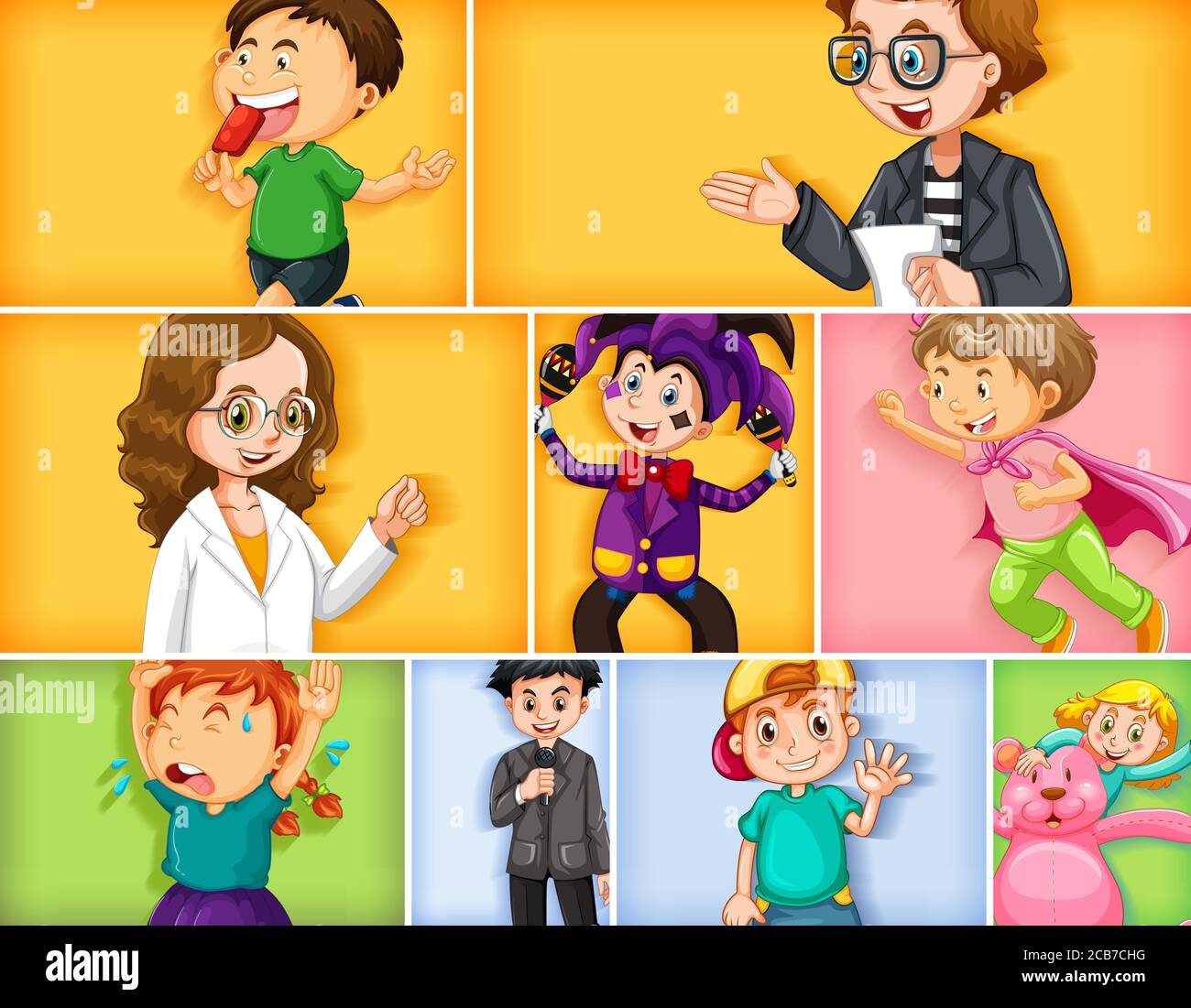 Set of different kid characters on different color background ...