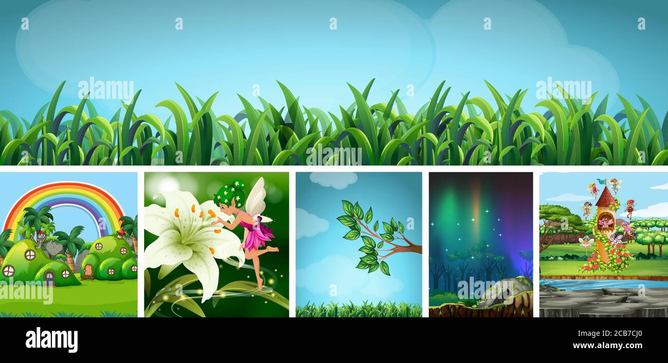 Six different scene of nature fantasy world with beautiful fairies in ...