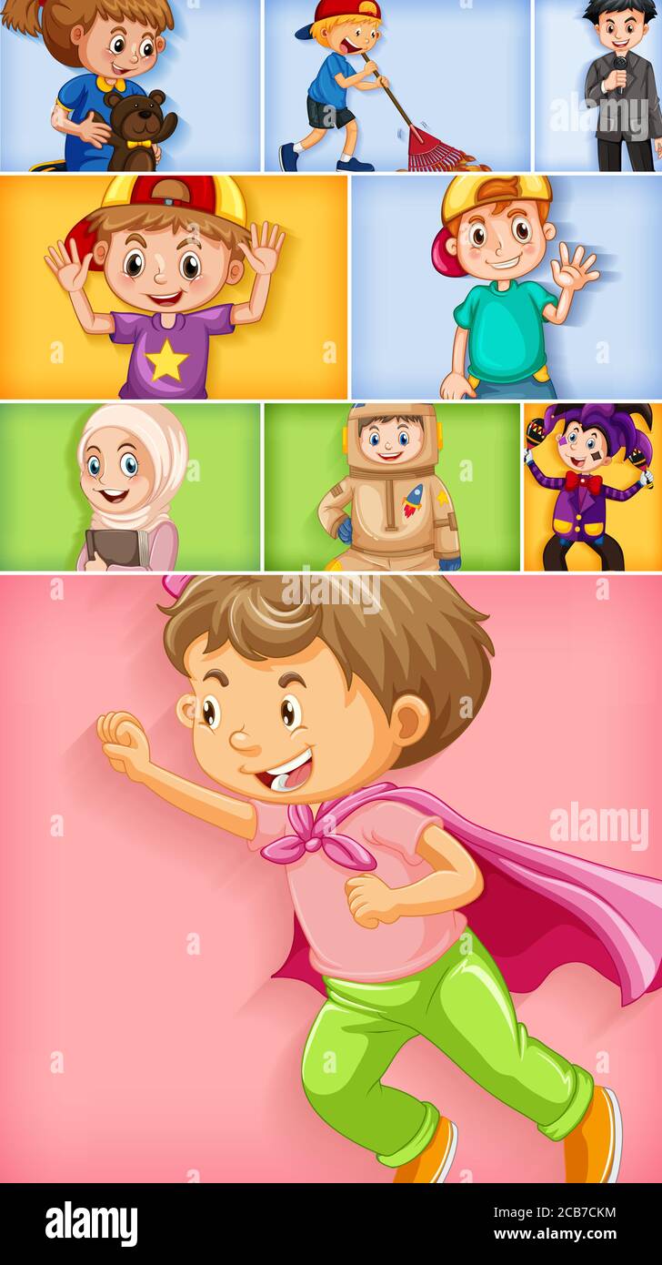 Set of different kid characters on different color background ...