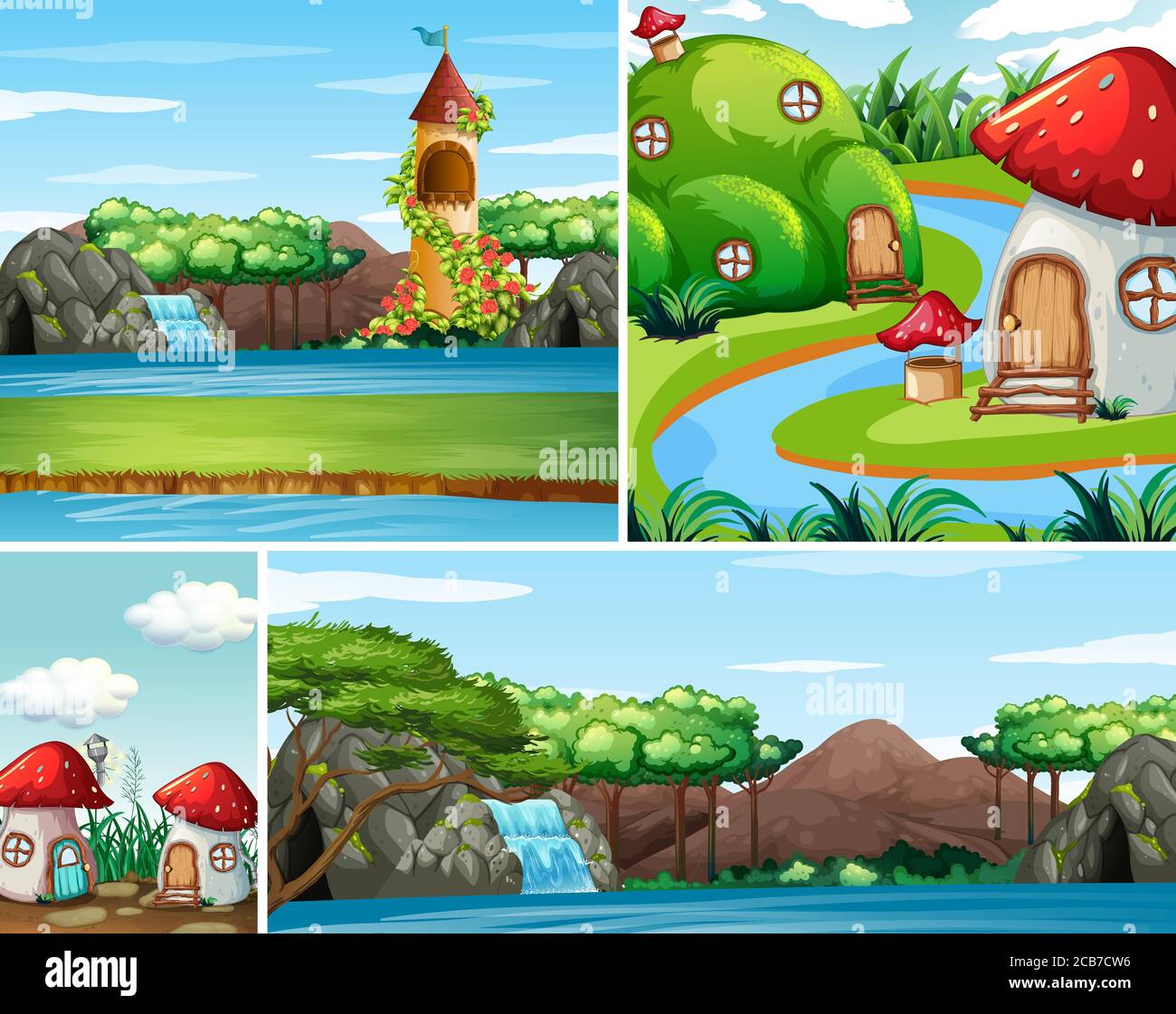 Four different scene of fantasy world with beautiful fairies in the ...