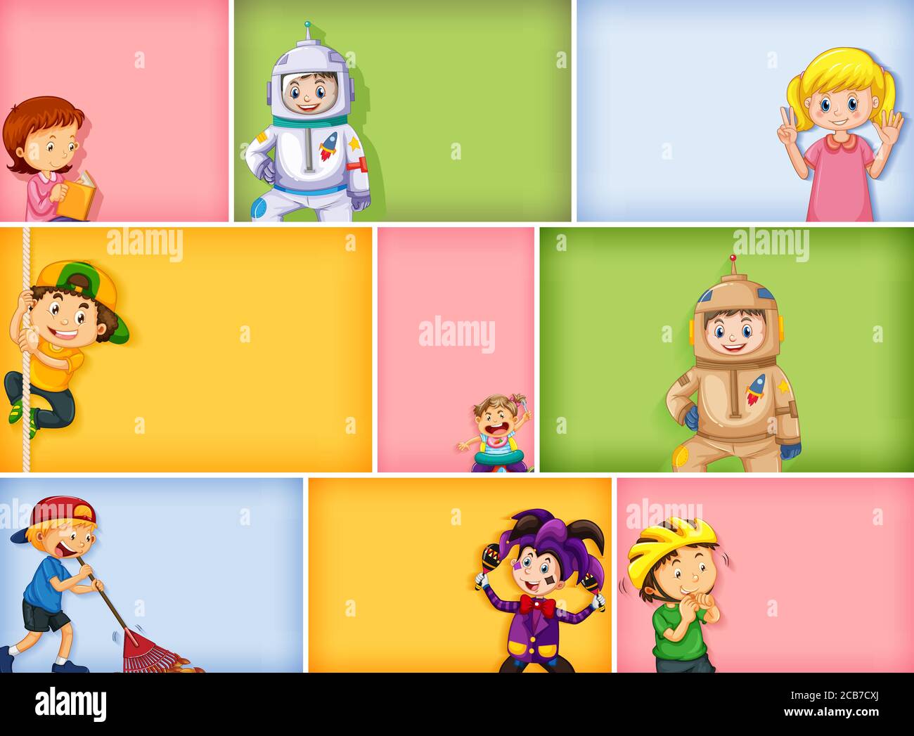 Set of different kid characters on different color background ...