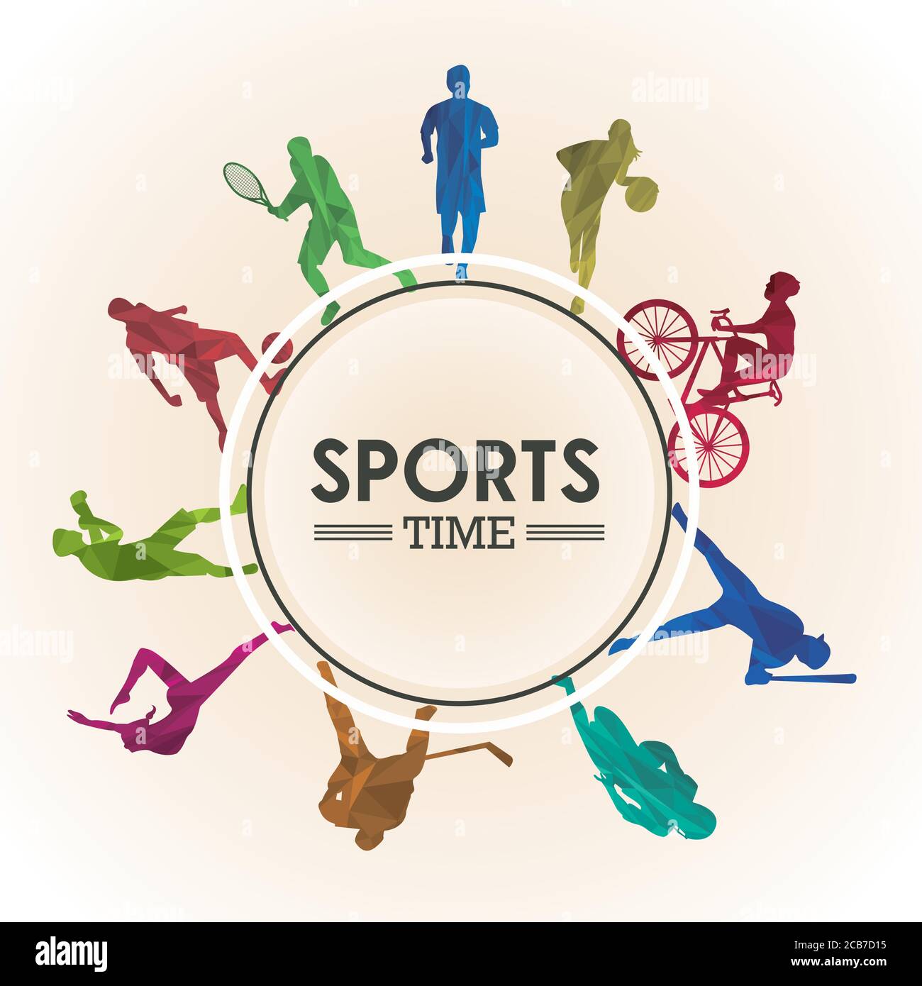 sports time poster with athletes silhouettes in circular frame vector ...