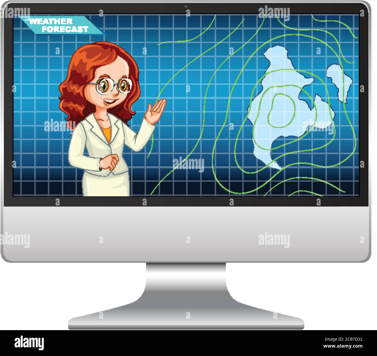 Anchorman reporting weather forecast on tv broadcast or computer screen ...