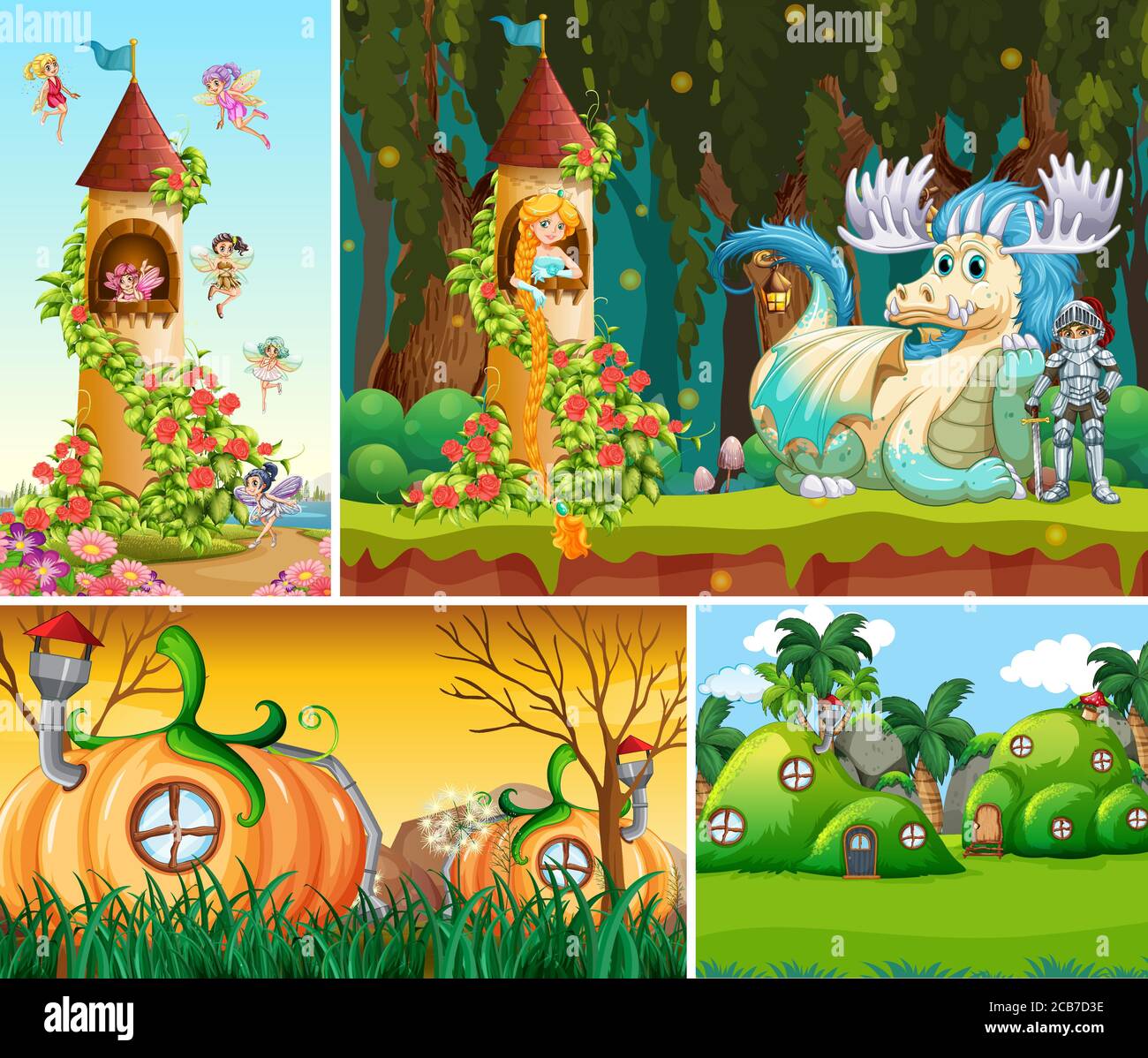 Four different scene of fantasy world with beautiful fairies in the ...