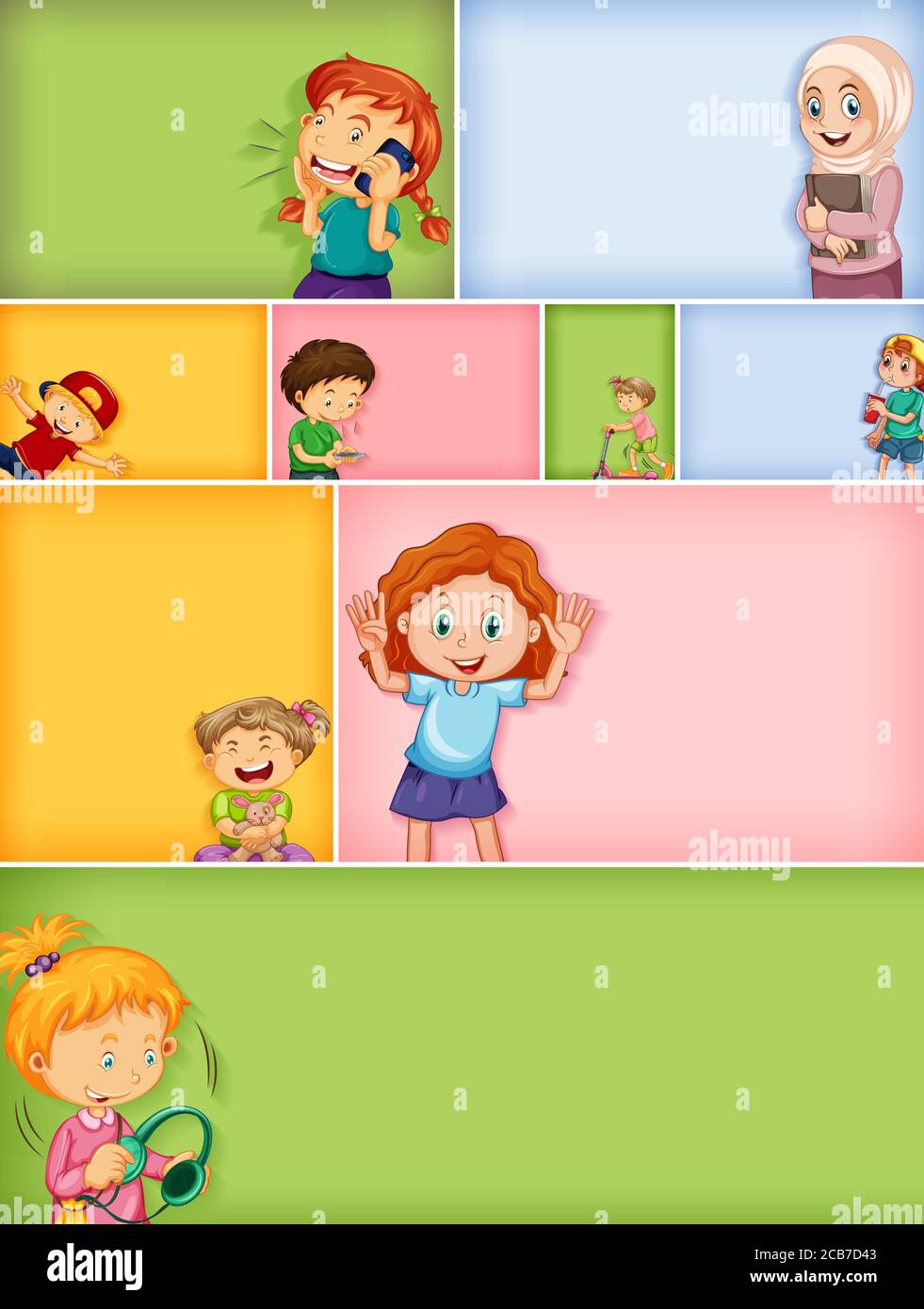 Set of different kid characters on different color background ...