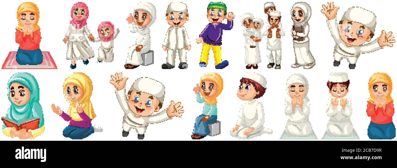 Set of different muslim people cartoon character isolated on white ...