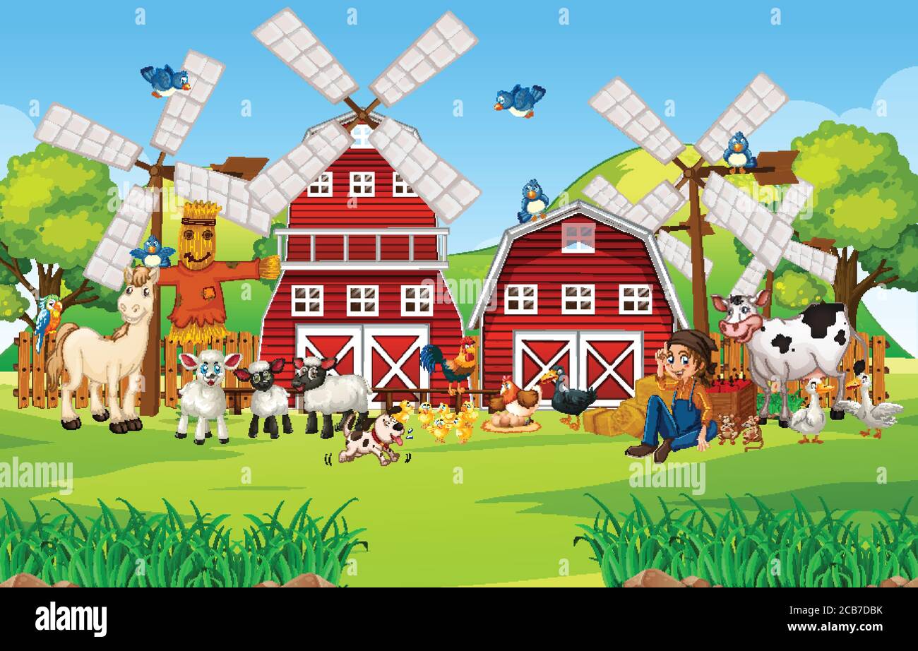 Farm in nature scene with barn and windmill animal farm illustration ...