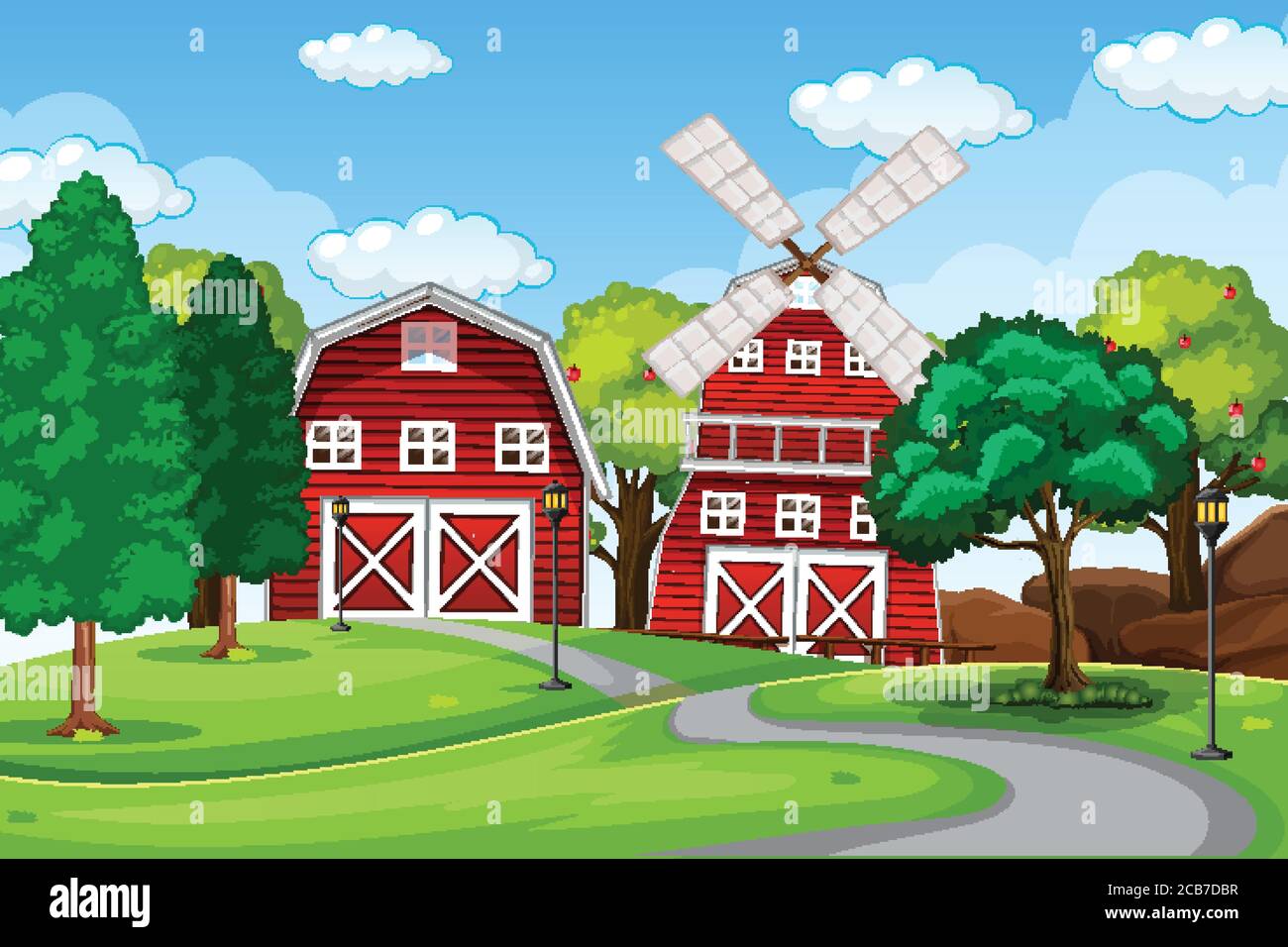 Farm scene in nature with barn and windmill illustration Stock Vector ...