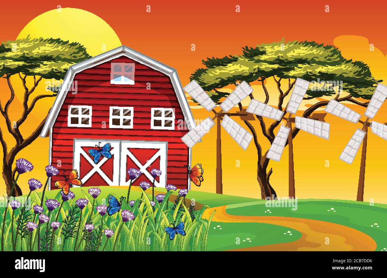Farm scene in nature with barn and windmill illustration Stock Vector ...