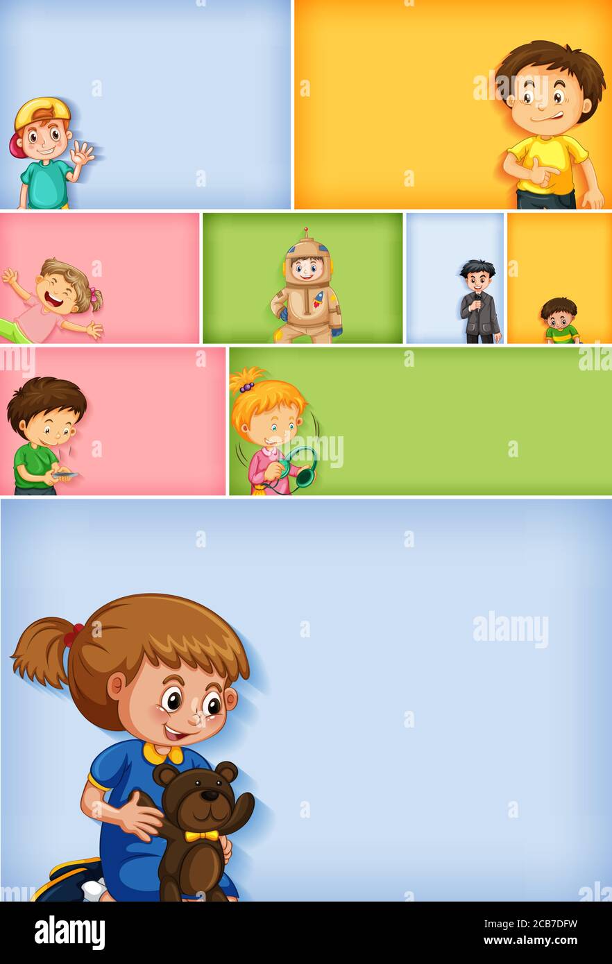 Set of different kid characters on different color background ...