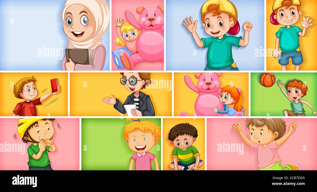 Set of different kid characters on different color background ...