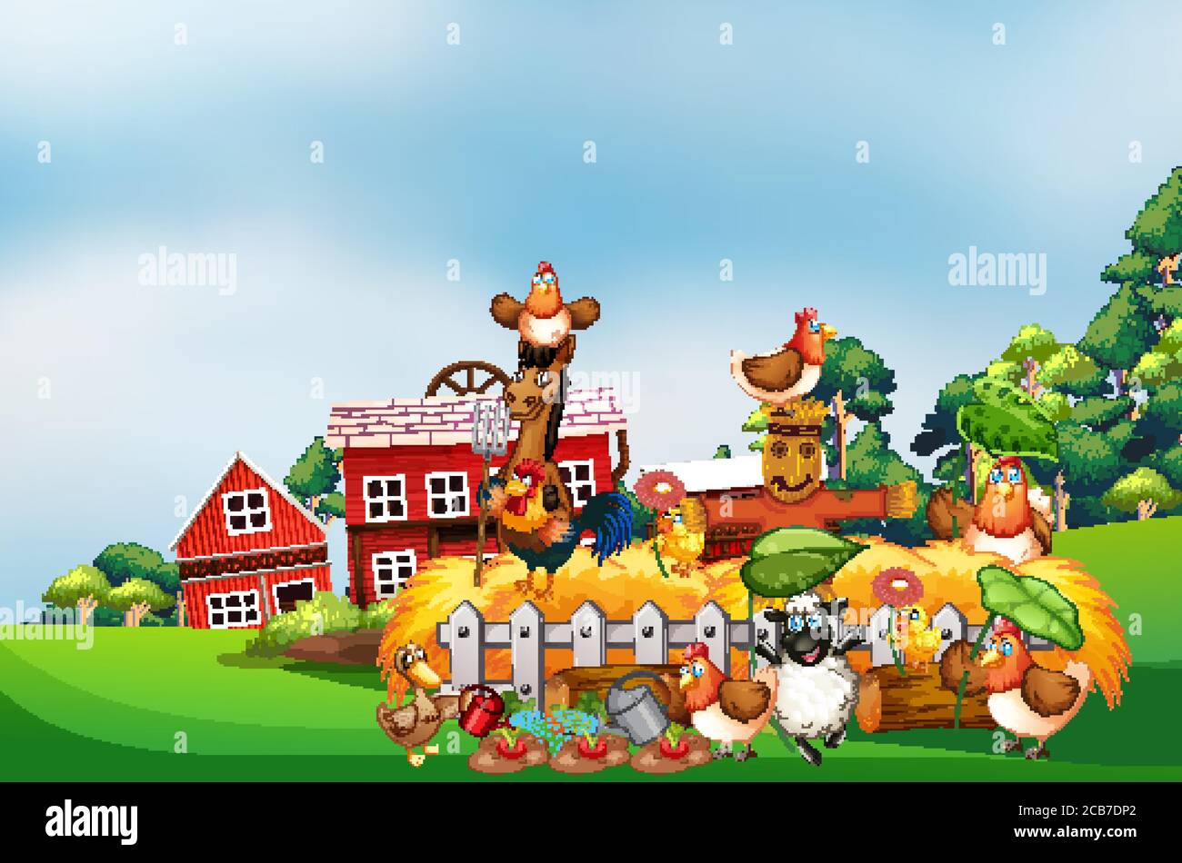 Farm scene with animal farm cartoon style illustration Stock Vector ...