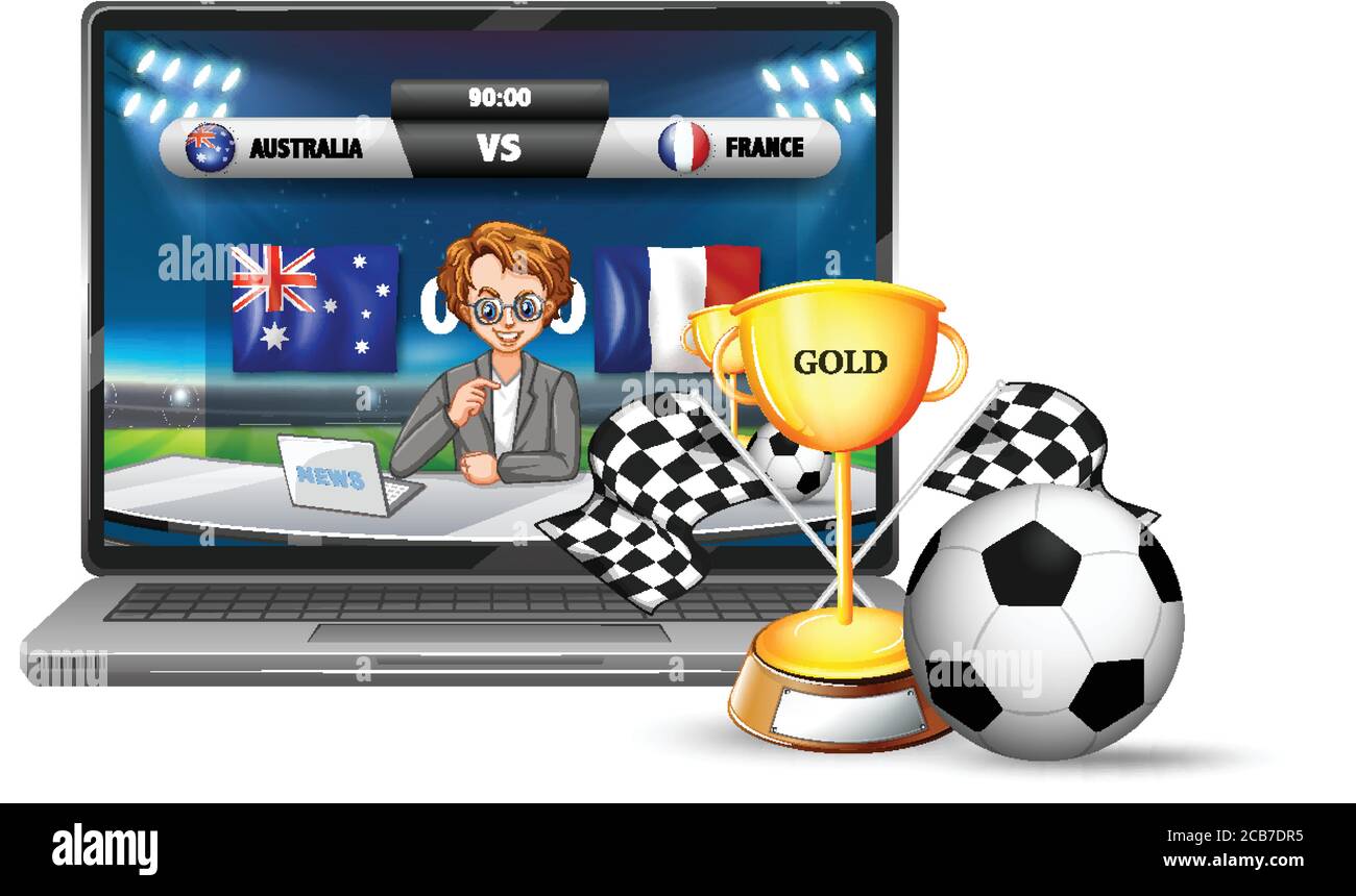 Football match score news on laptop screen with trophy and ball ...