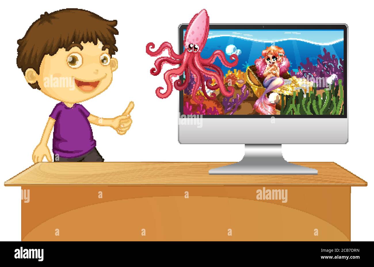Happy boy next to computer with underwater scene on screen illustration ...