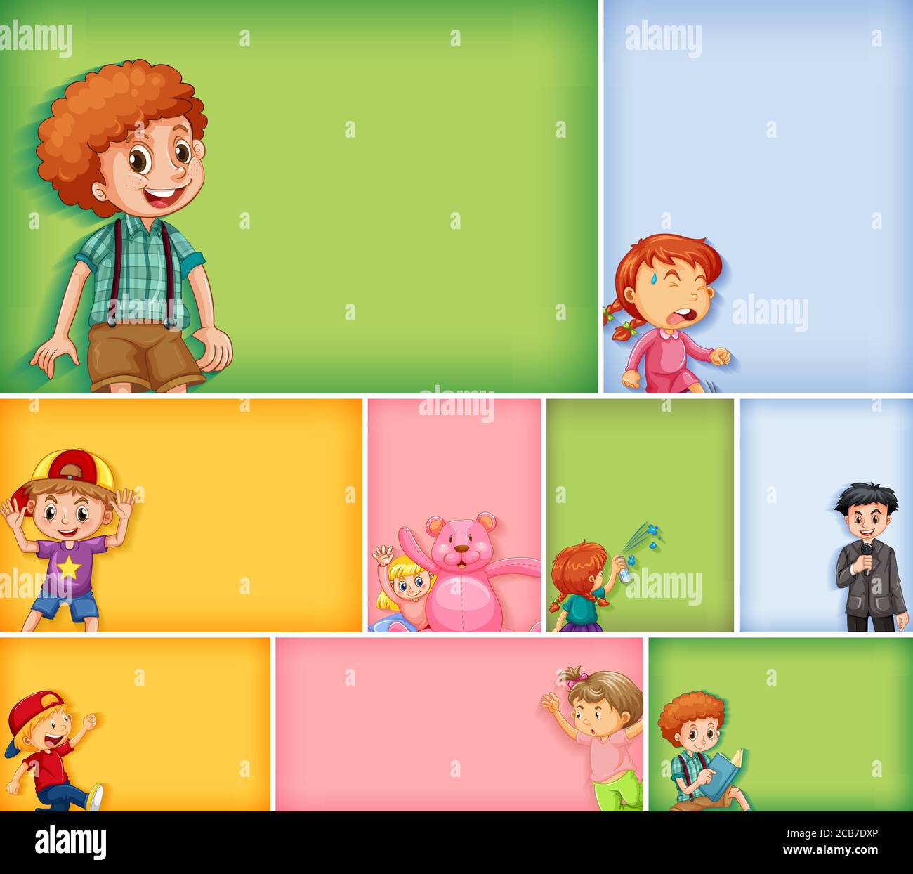 Set of different kid characters on different color background ...