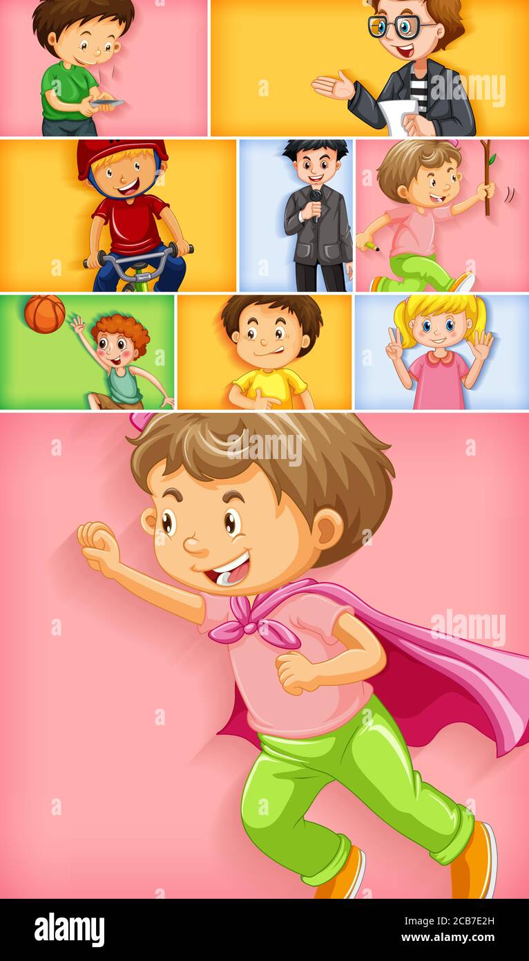 Set of different kid characters on different color background ...