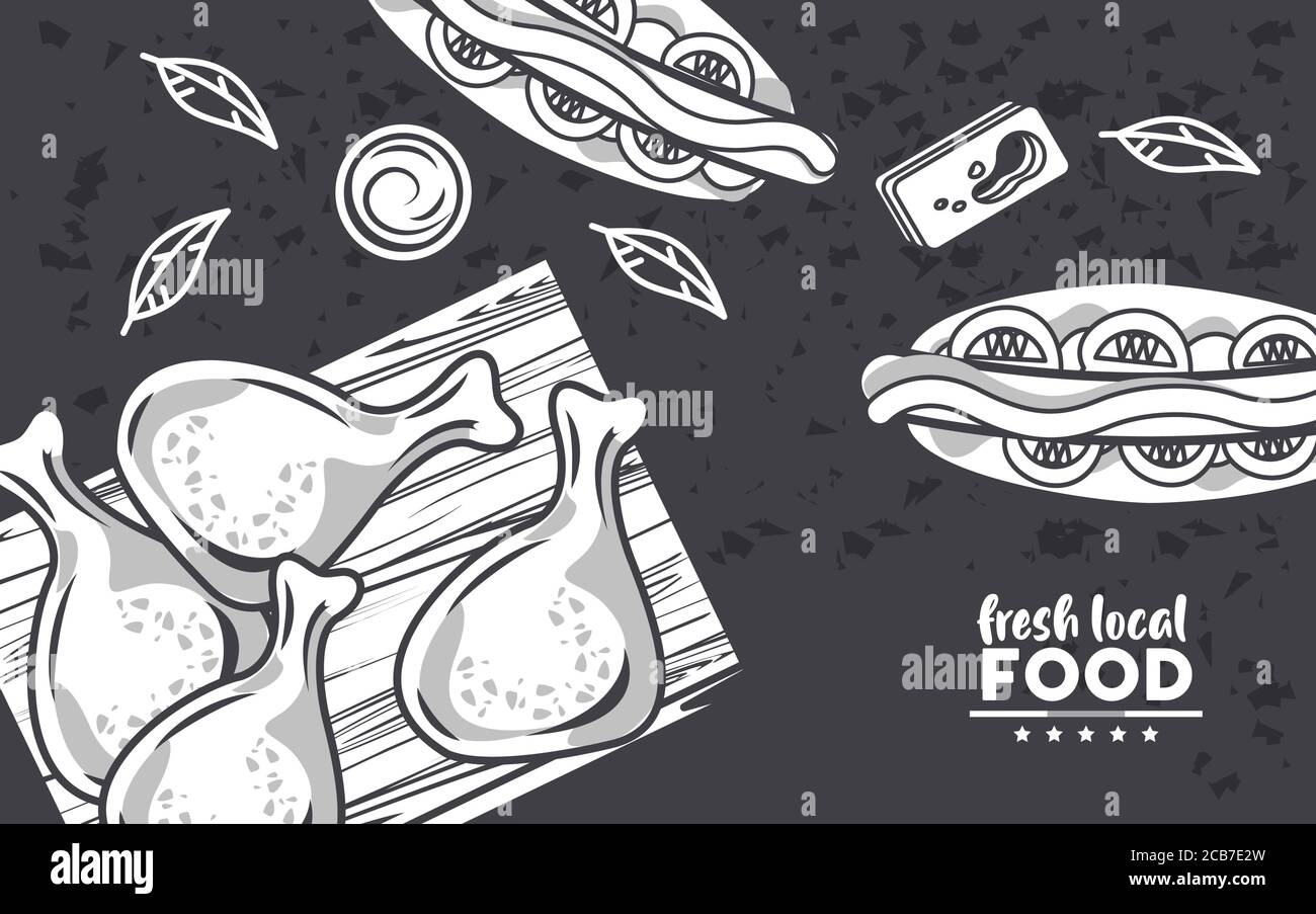 fresh local food lettering drawing in black color background vector ...