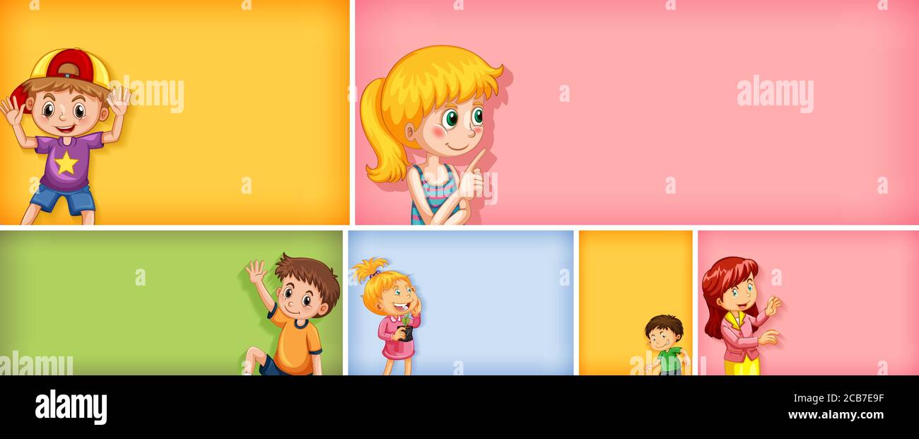 Set of different kid characters on different color background ...