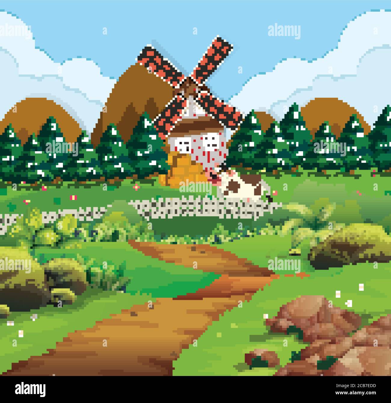 Farm in nature scene with windmill and cow illustration Stock Vector ...