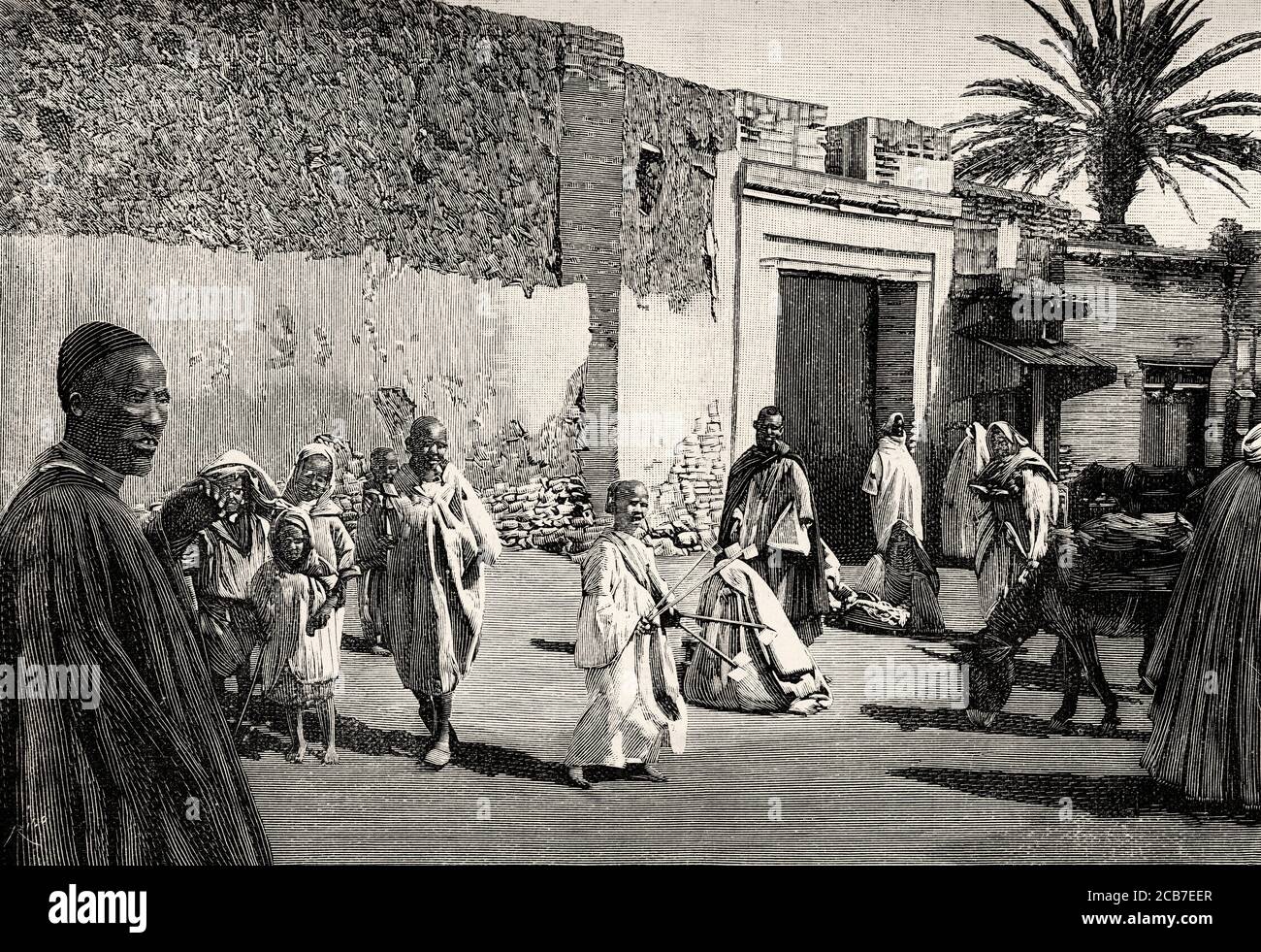 Daily life on a street in Marrakech in the late 19th century, Morocco ...