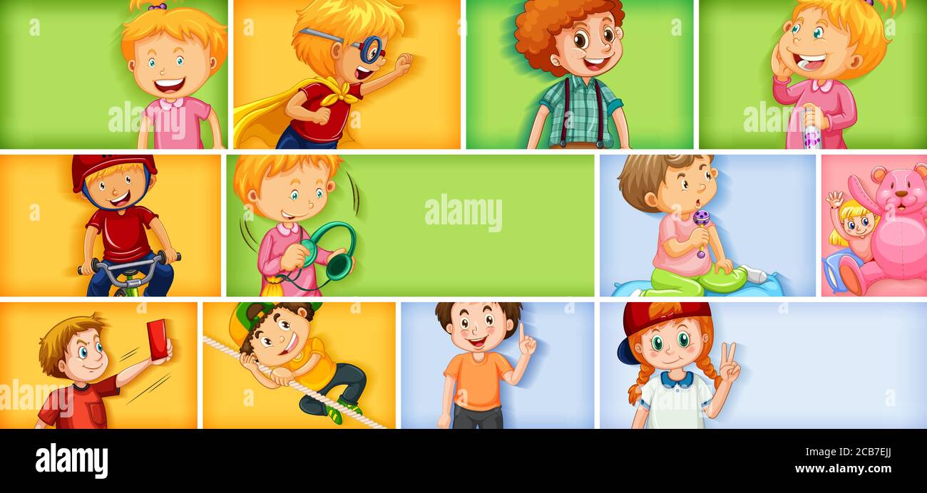 Set of different kid characters on different color background ...