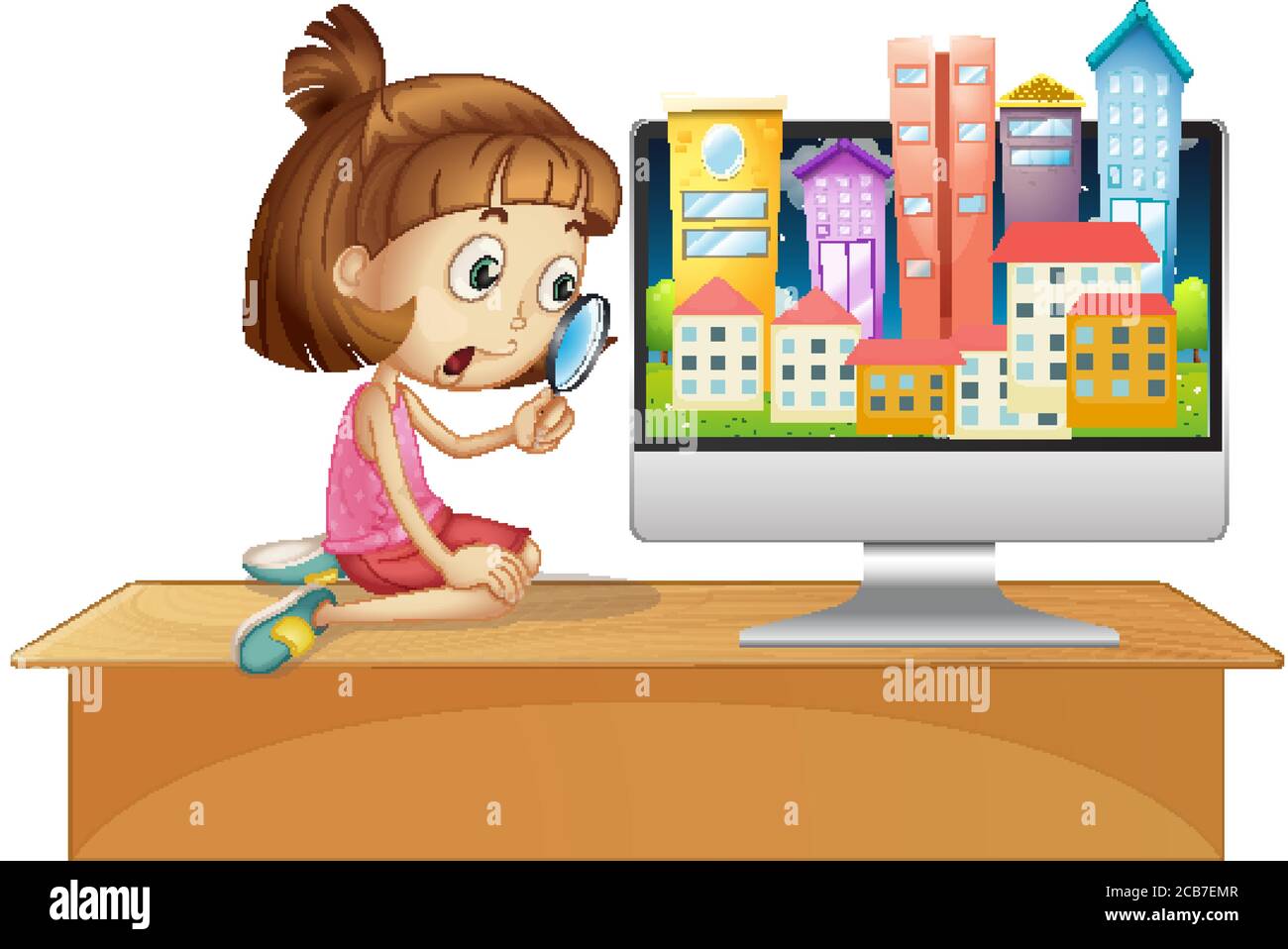 Urban city on computer screen desktop illustration Stock Vector Image ...