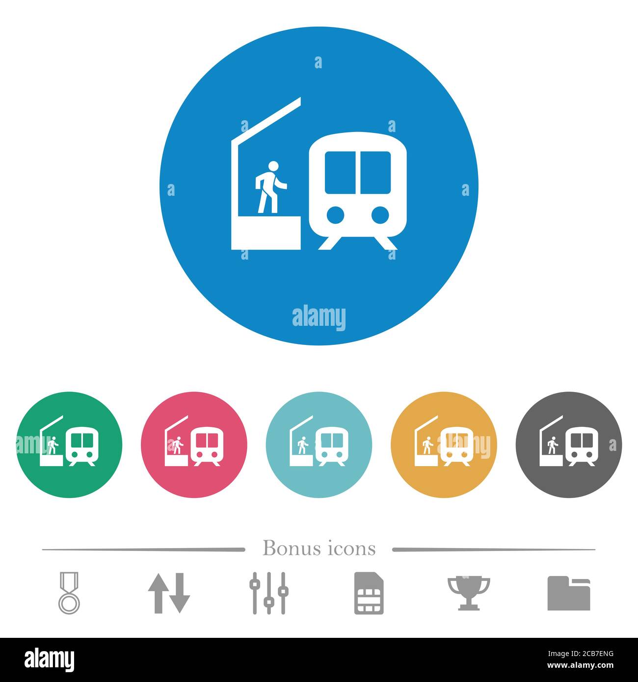 Train station flat white icons on round color backgrounds. 6 bonus ...