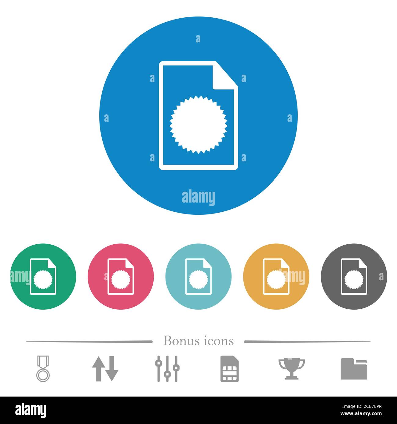 Certificate file flat white icons on round color backgrounds. 6 bonus ...