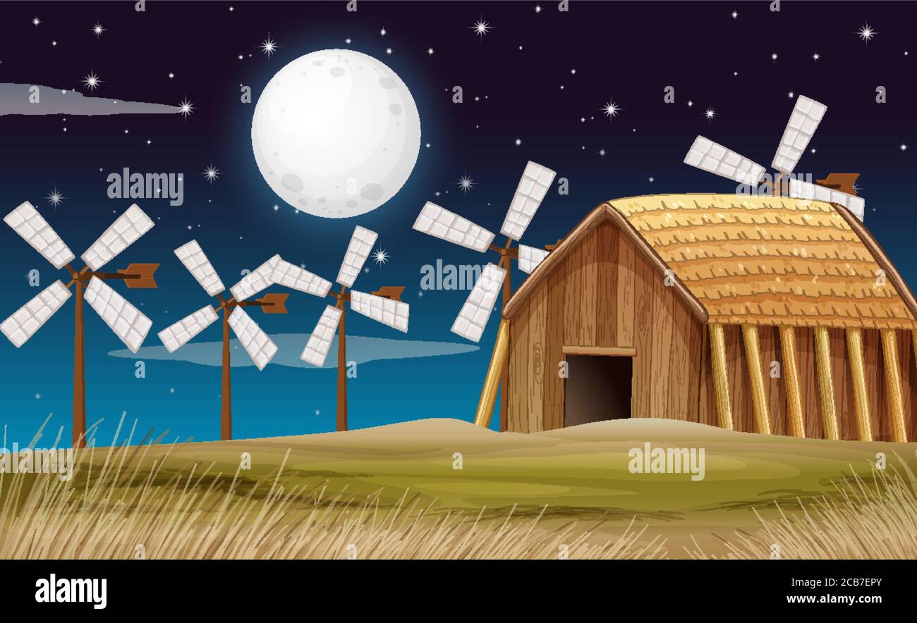 Farm scene with barn and mill at night illustration Stock Vector Image ...