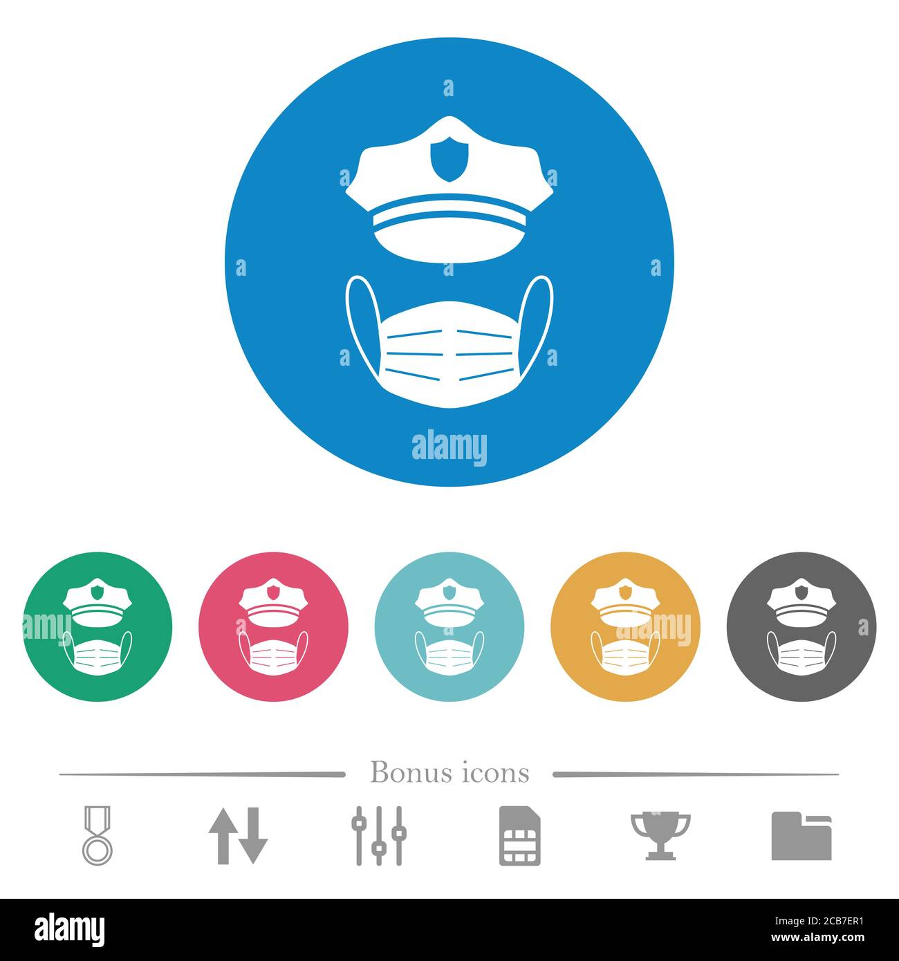 Police hat and medical face mask flat white icons on round color ...