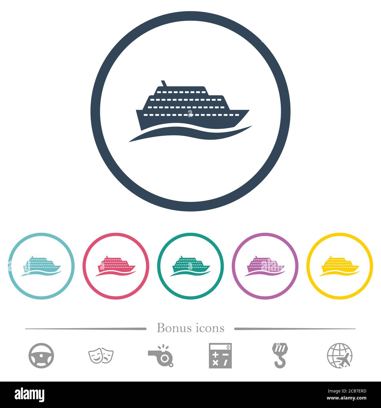 Cruise ship with wave flat color icons in round outlines. 6 bonus icons ...