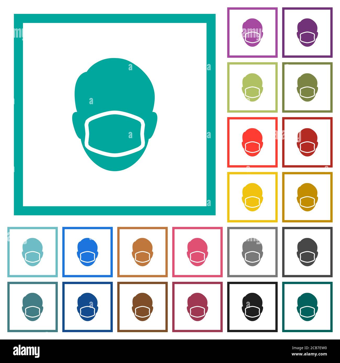 Face with medical mask flat color icons with quadrant frames on white ...