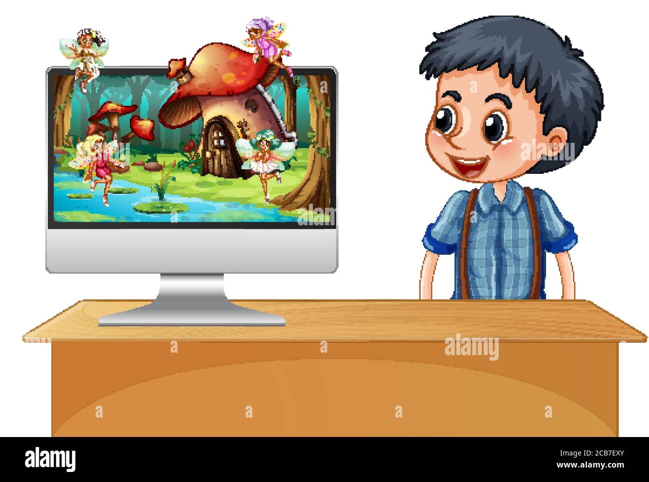 Boy next to computer fairy on screen illustration Stock Vector Image ...