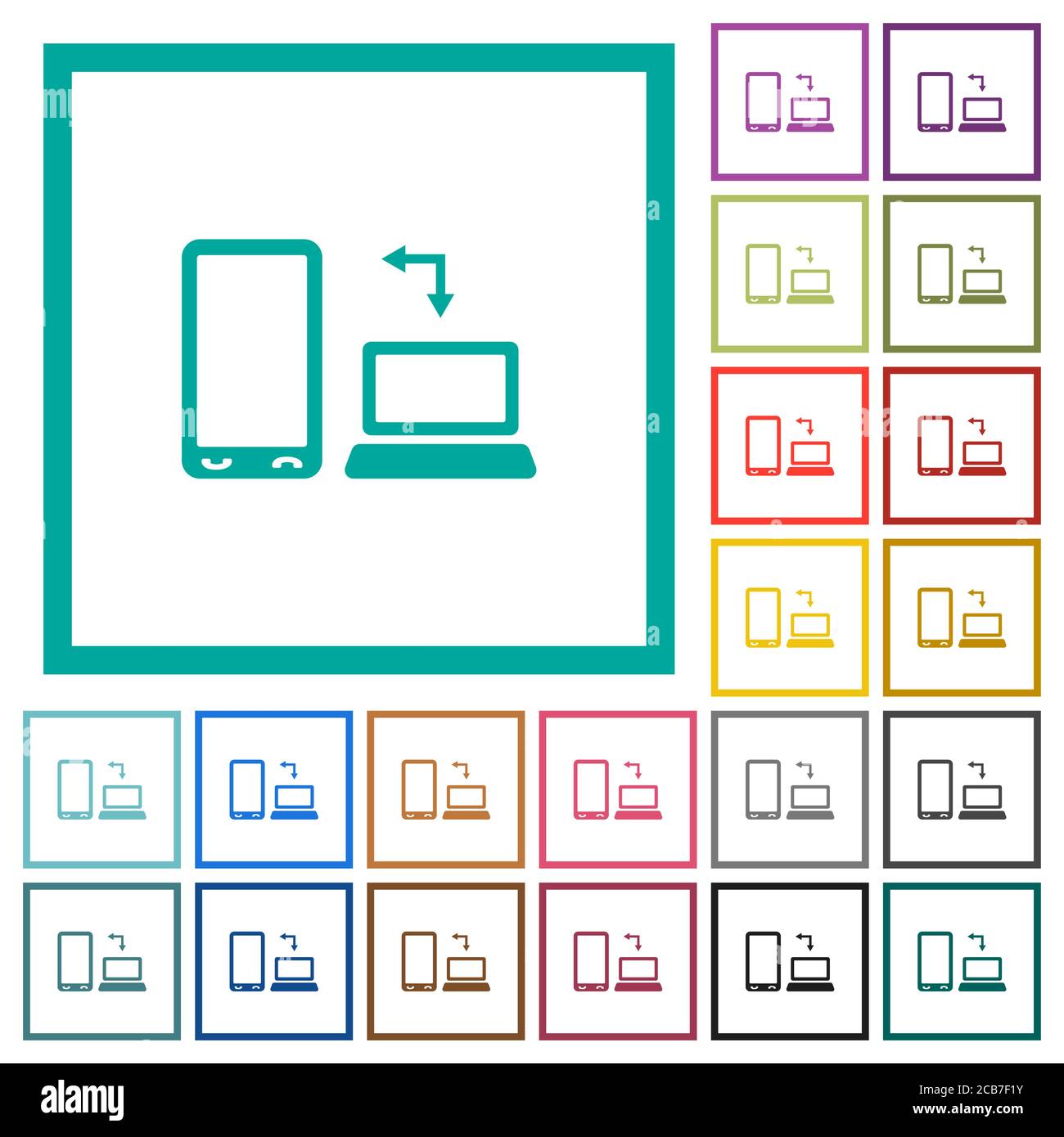 Syncronize Mobile With Computer Flat Color Icons With Quadrant Frames On White Background Stock