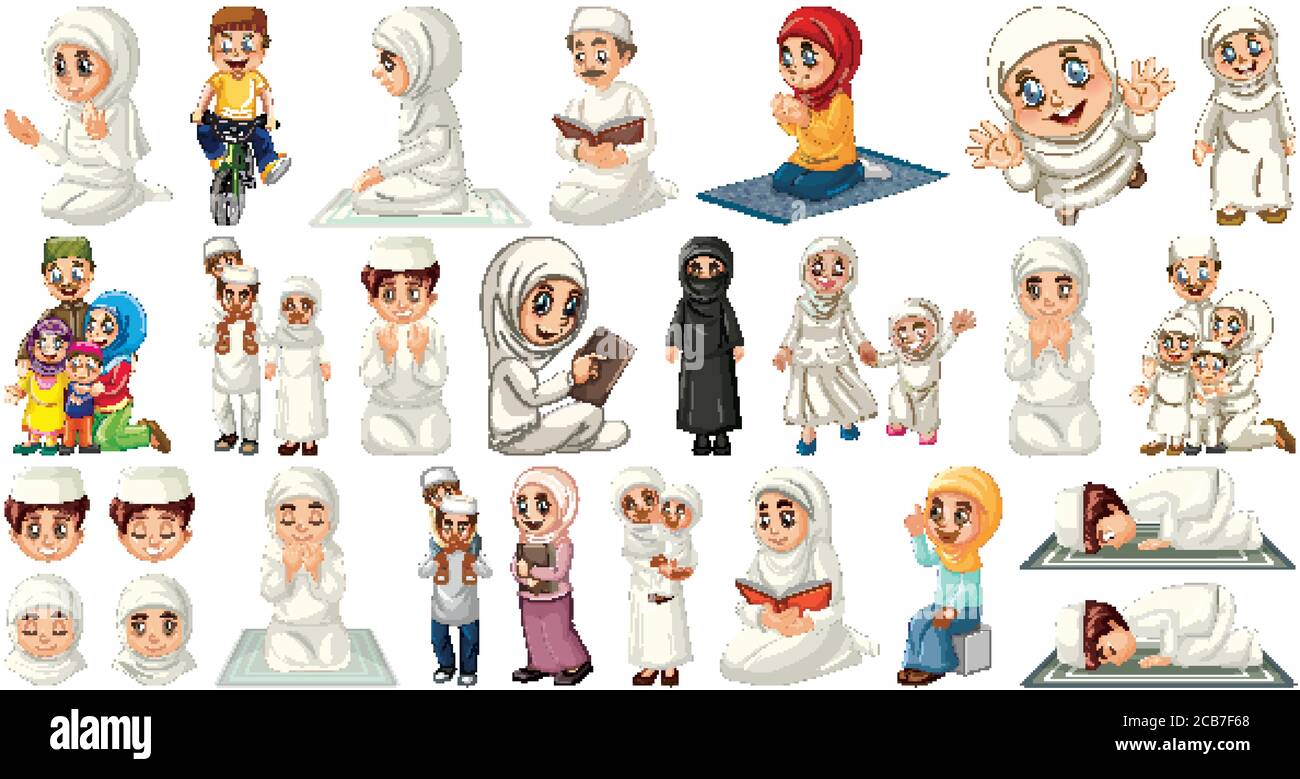 Set of different muslim people cartoon character isolated on white ...
