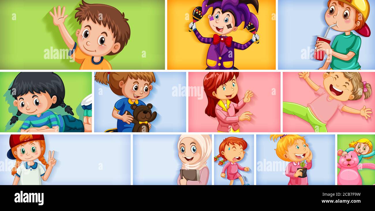Set of different kid characters on different color background ...