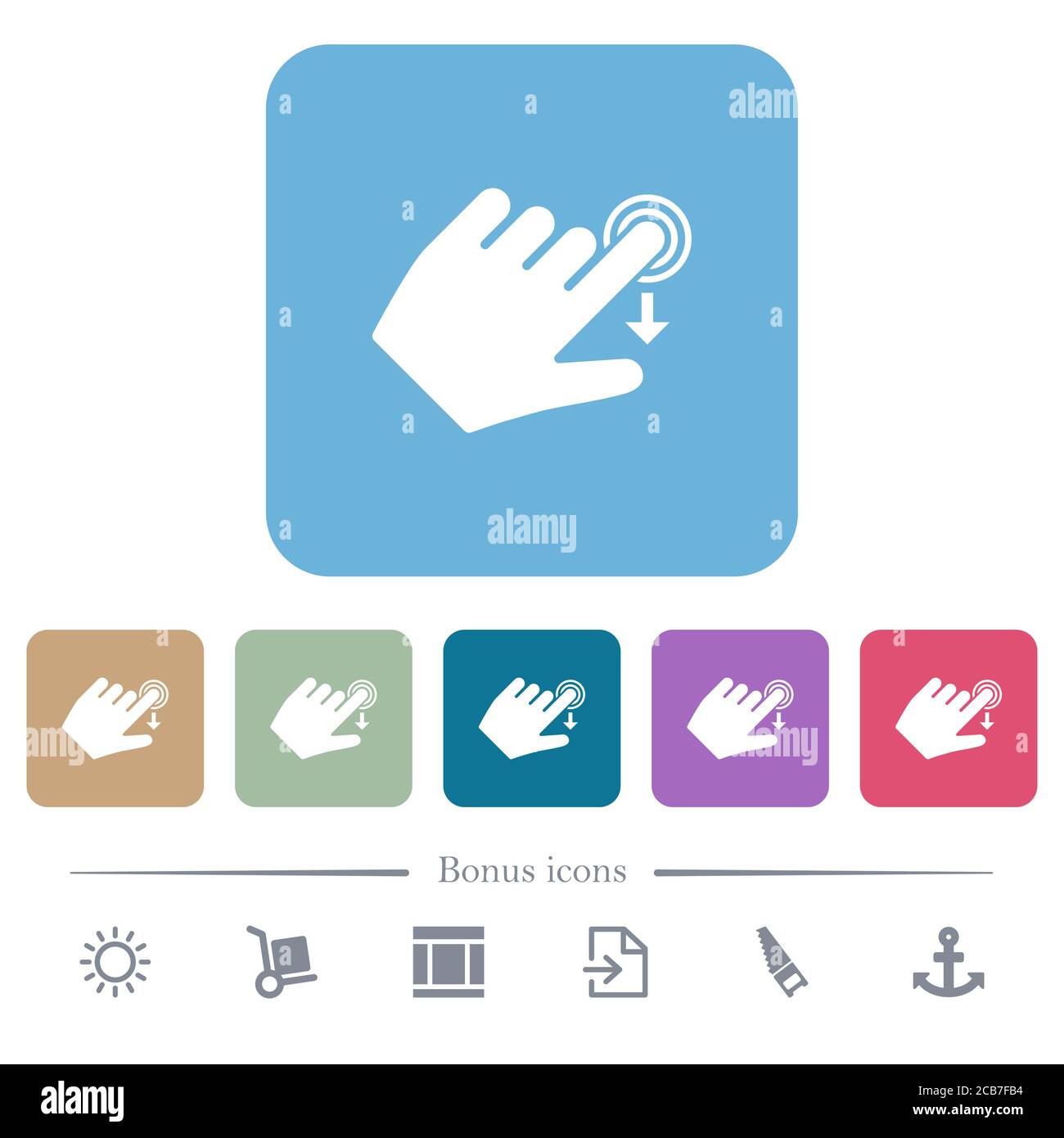 Left handed slide down gesture white flat icons on color rounded square ...