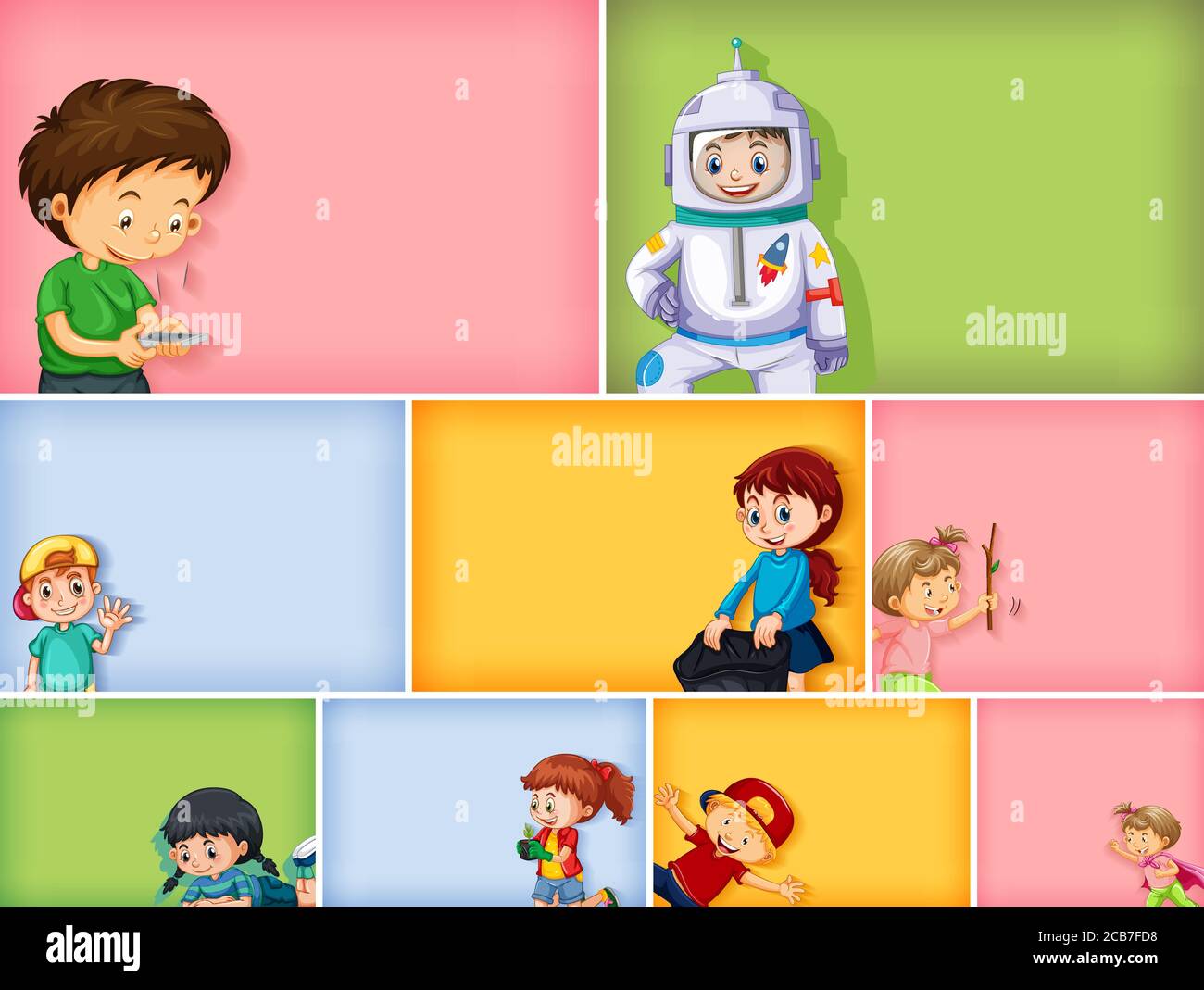 Set of different kid characters on different color background ...