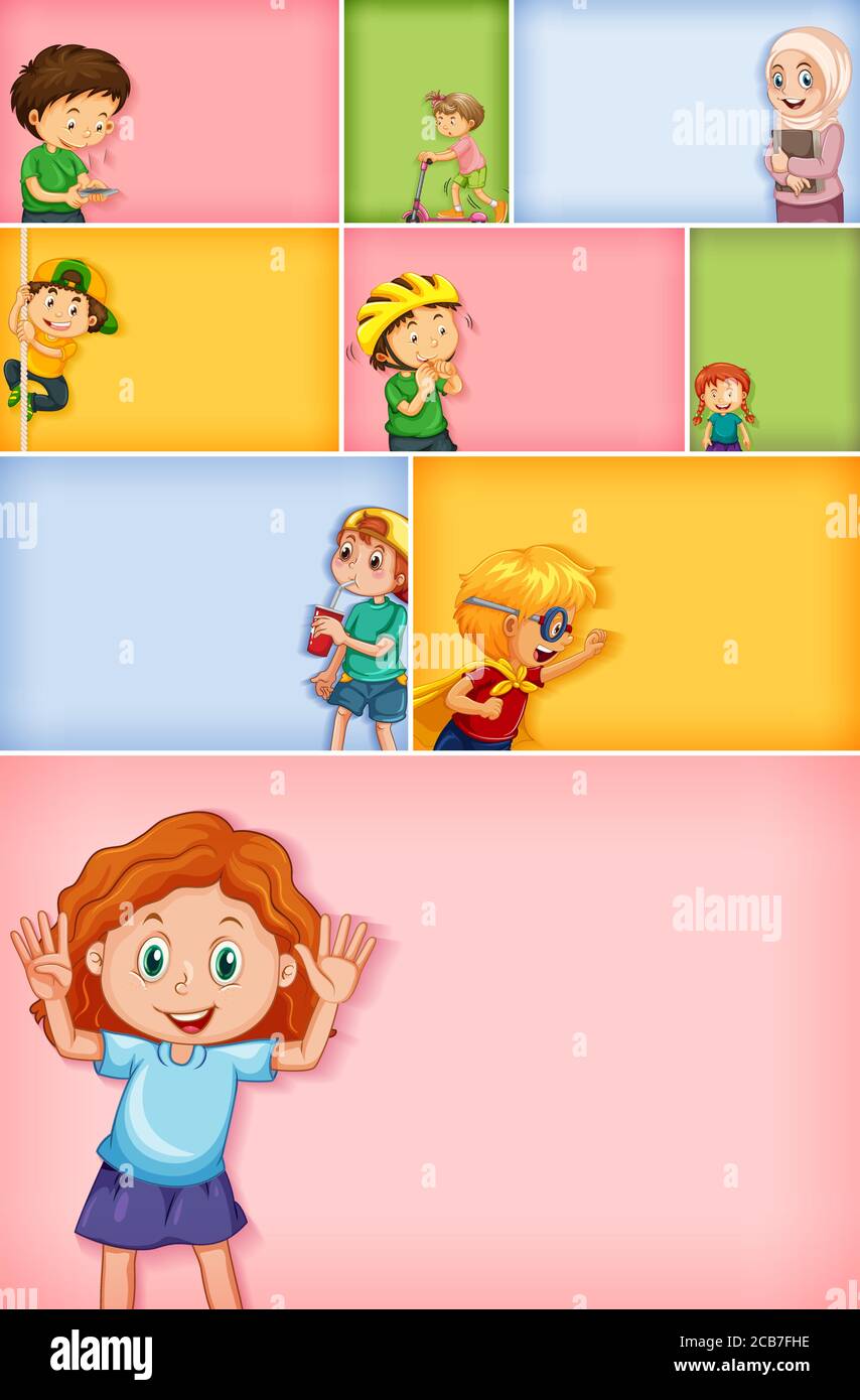 Set of different kid characters on different color background ...
